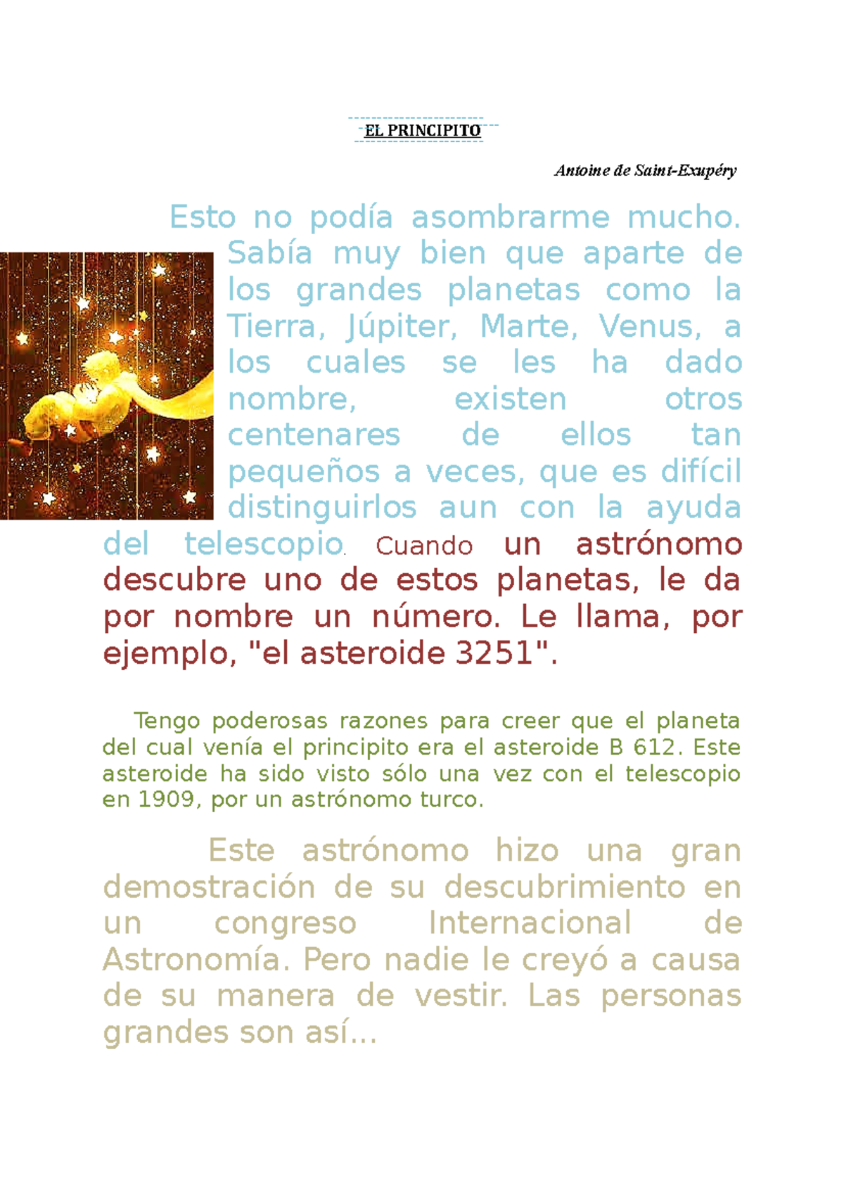 El Principito - EL PRINCIPITO Antoine de Saint-Exupéry Esto no podía ...