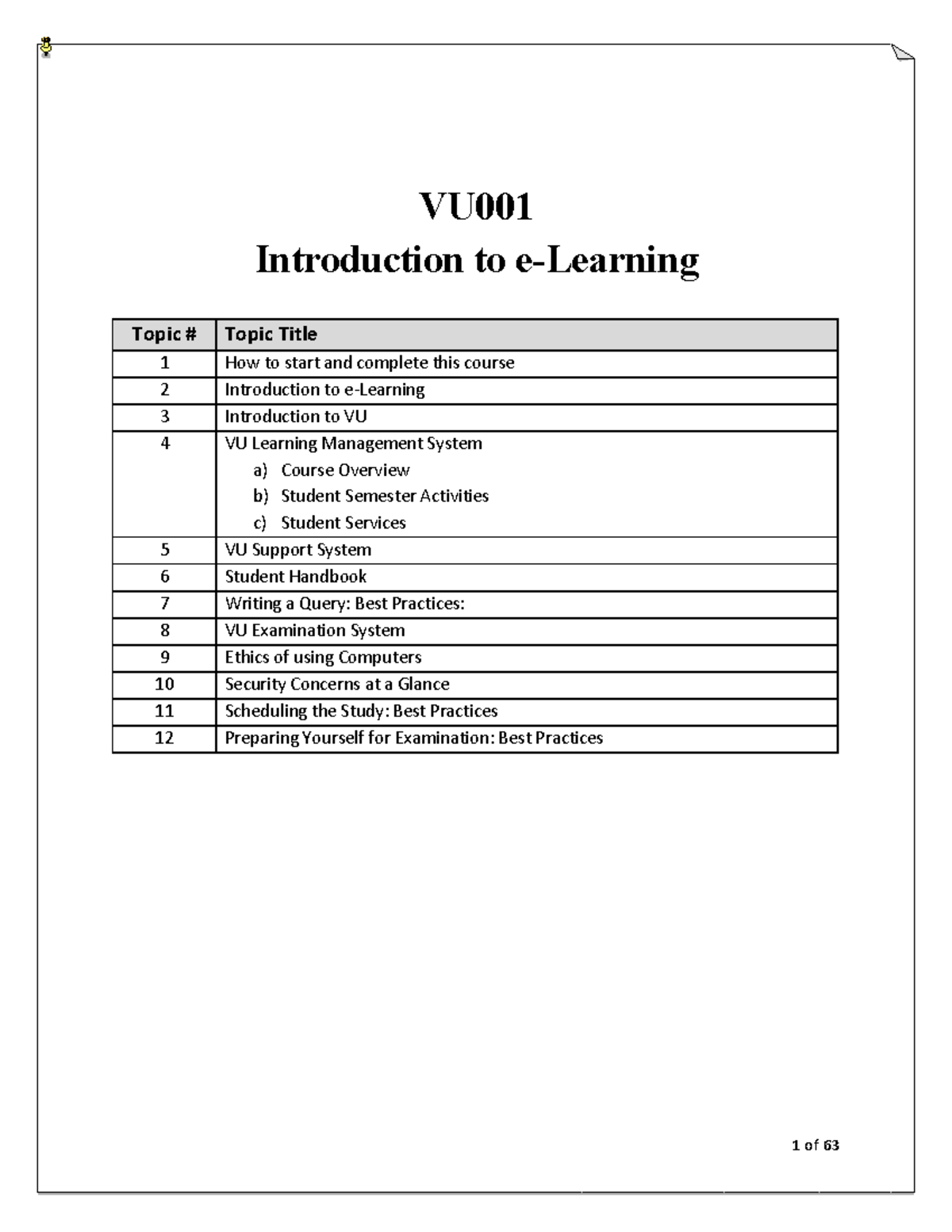 VU001-Course Contents - VU Introduction to e-Learning Topic # Topic Title 1 How to start and ...