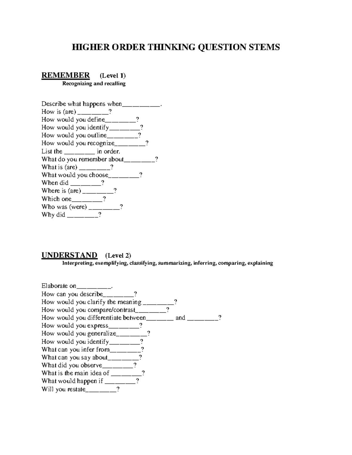 Blooms Question Stems - Gsgagsgsg - HIGHER ORDER THINKING QUESTION ...