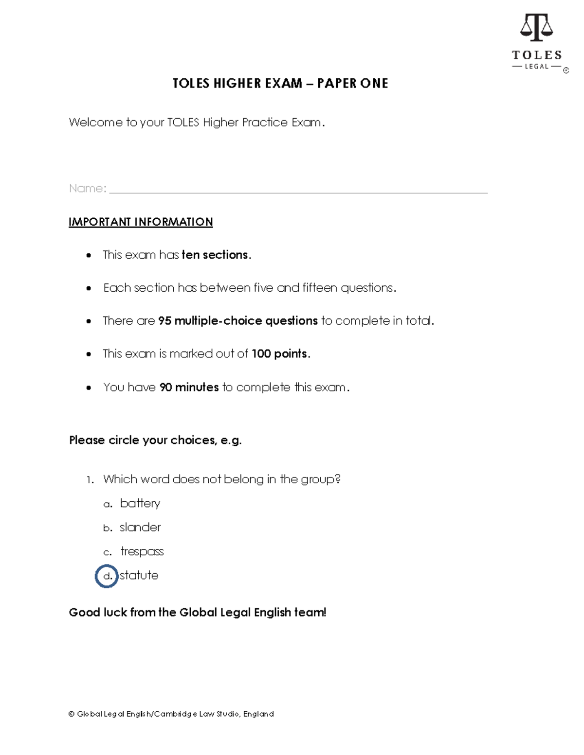 Examen Toles 1 completo - © Global Legal English/Cambridge Law Studio ...