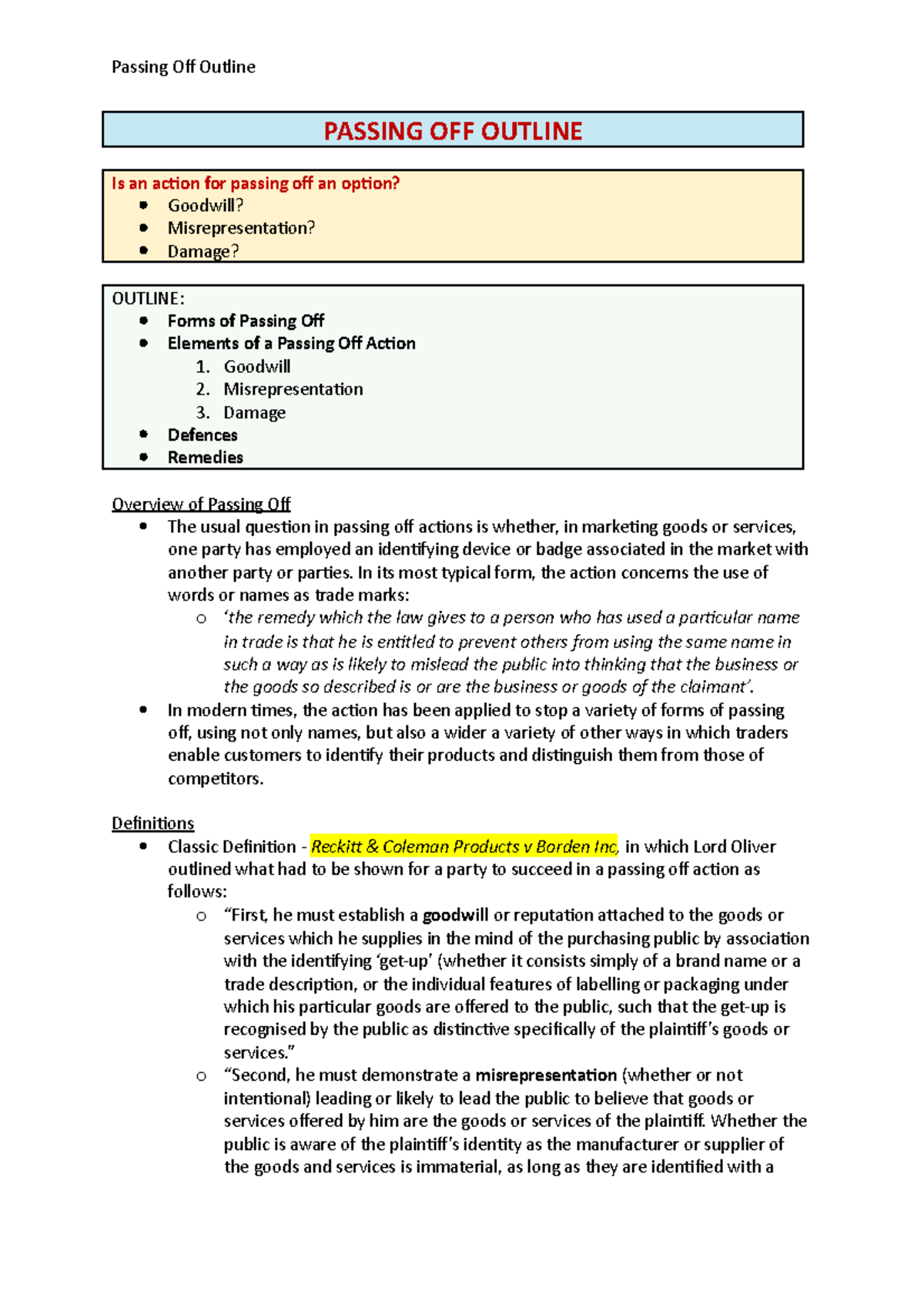 Passing Off Outline - PASSING OFF OUTLINE Is an action for passing off ...