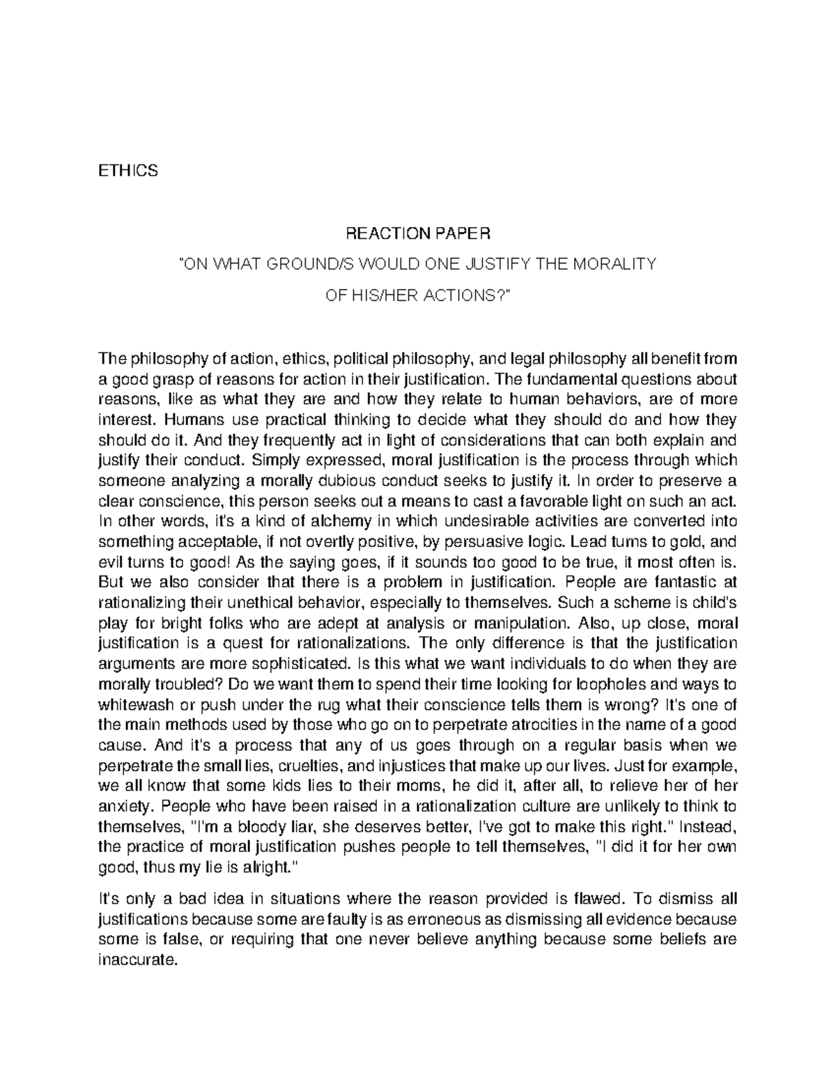 Ethics reaction paper 4 - MONTINEZ, QUENY JOY BSA 1- ETHICS REACTION ...