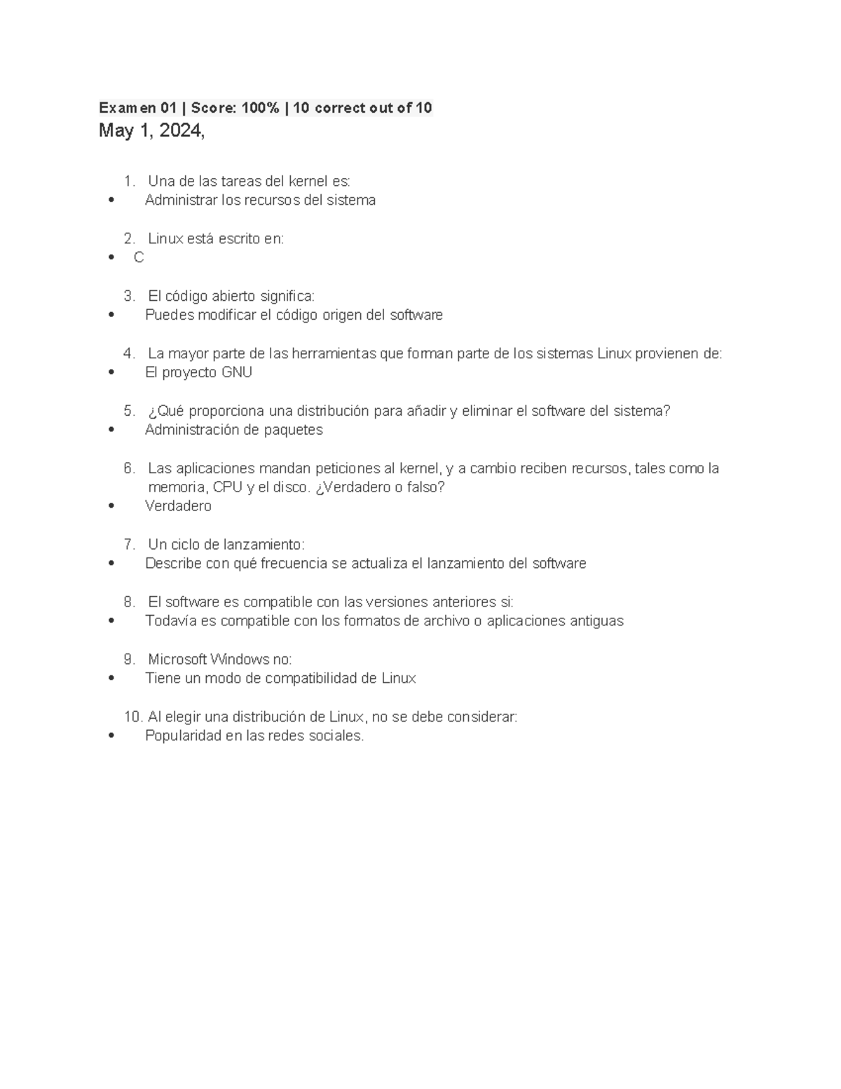 Examen Modulo 1- Introducción a Linux - Examen 01 | Score: 100% | 10 correct out of 10 May 1 ...