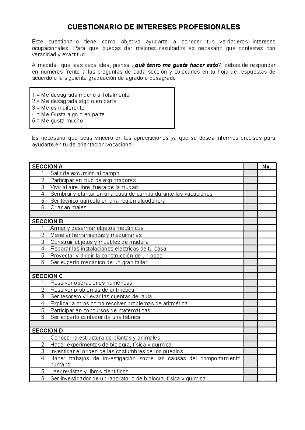 Cuestionario de Intereses - CUESTIONARIO DE INTERESES PROFESIONALES ...