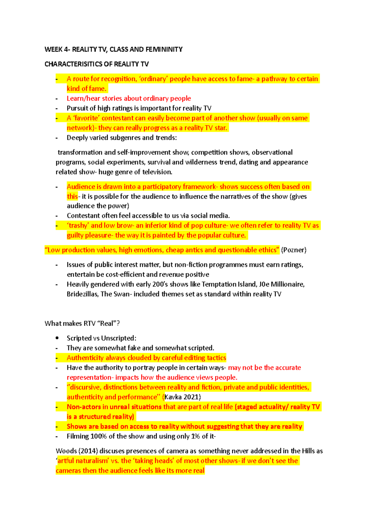 Reality TV Class and Femininity: Characteristics and Impacts - Studocu