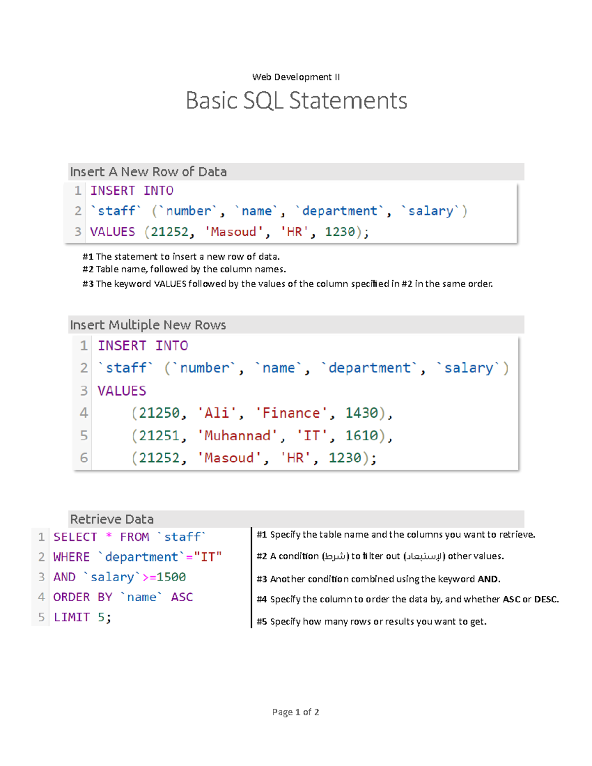 Basic Sql Statements Summary Software Engineering Page 1 Of 2 Web Development Ii Basic Sql