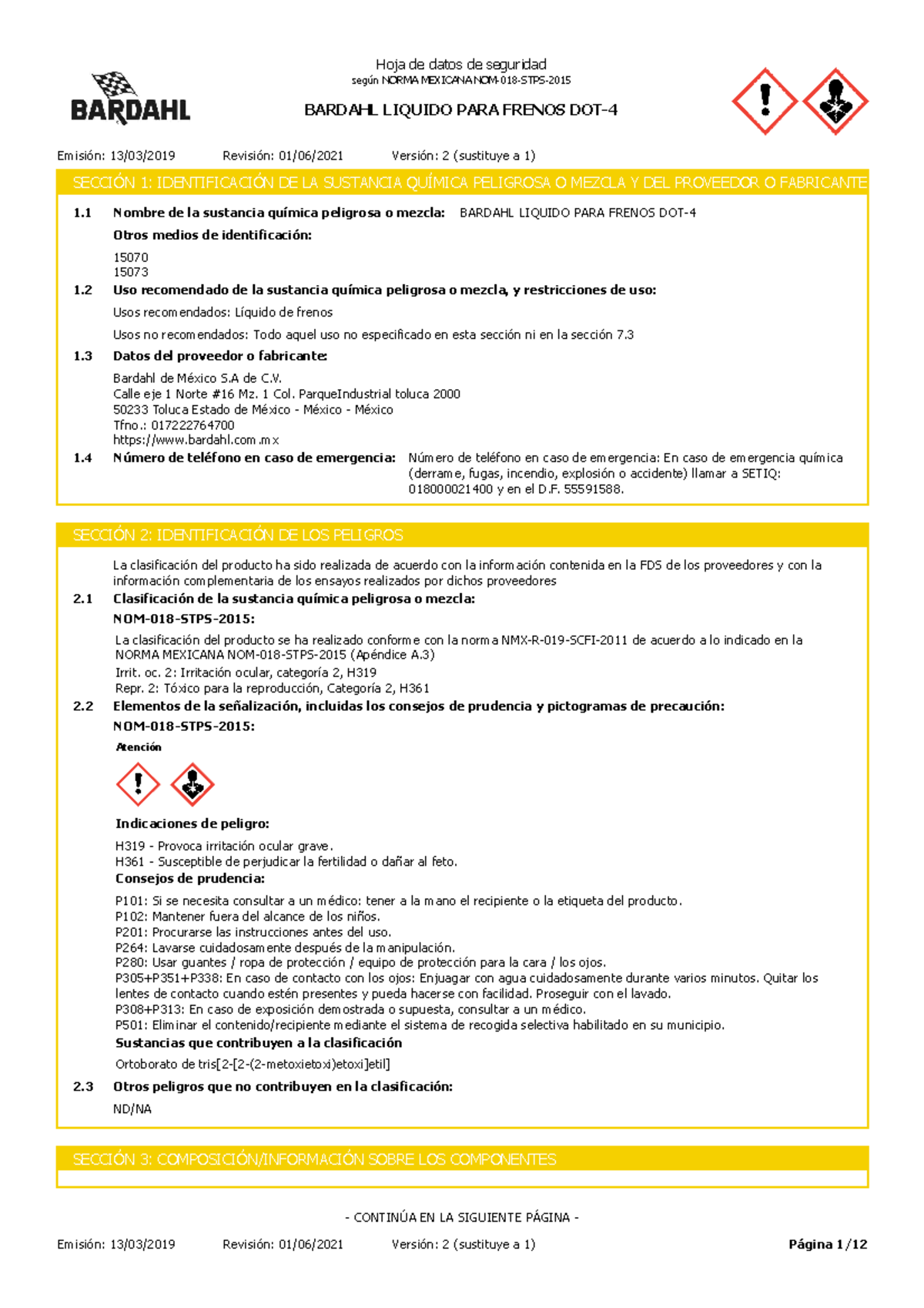 HDS Bardahl Liquido PARA Frenos DOT-4 - Emisión: 13/03/2019 Revisión ...