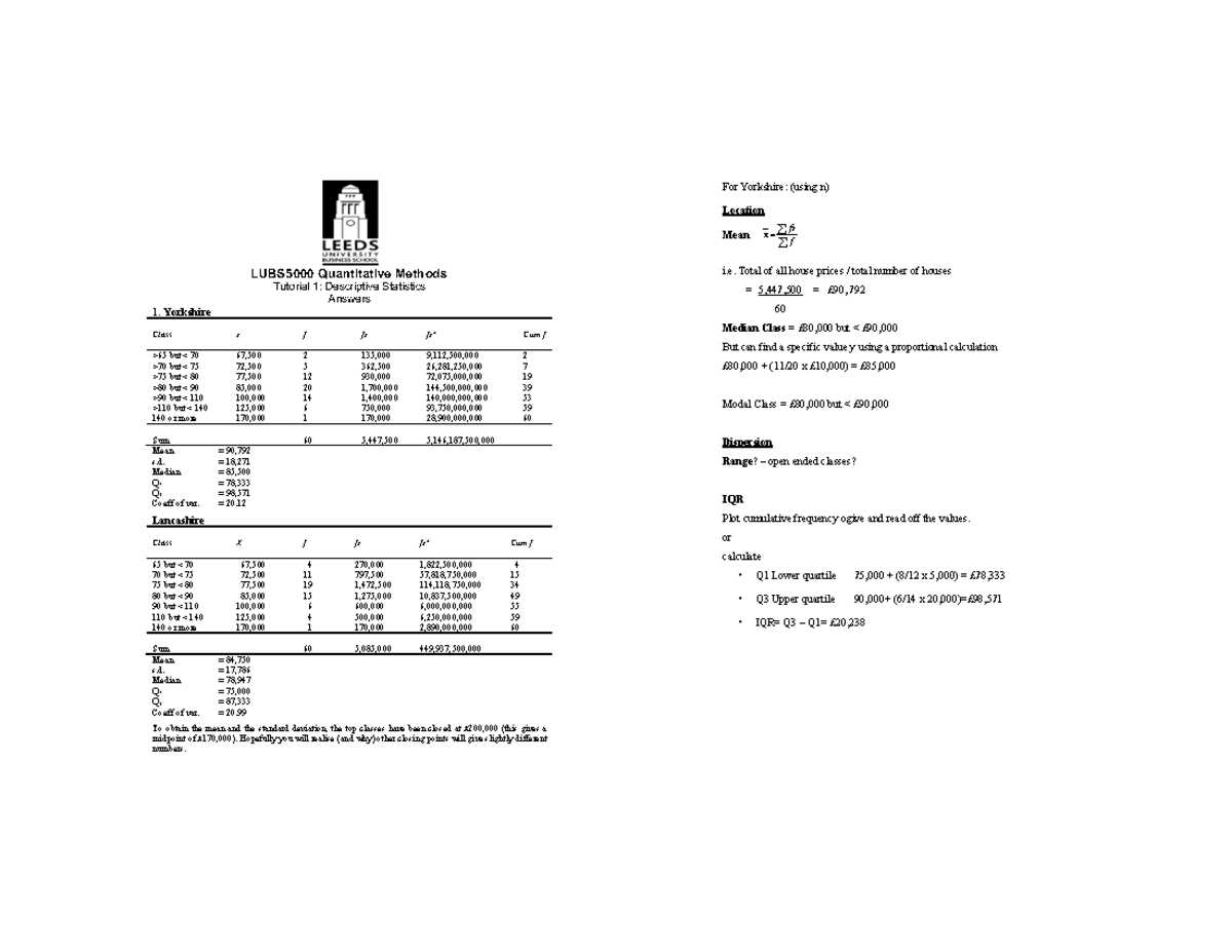 Seminar 1 answers - LUBS5000 Quantitative Methods Tutorial 1 : Descriptive Statistics Answers 1 ...