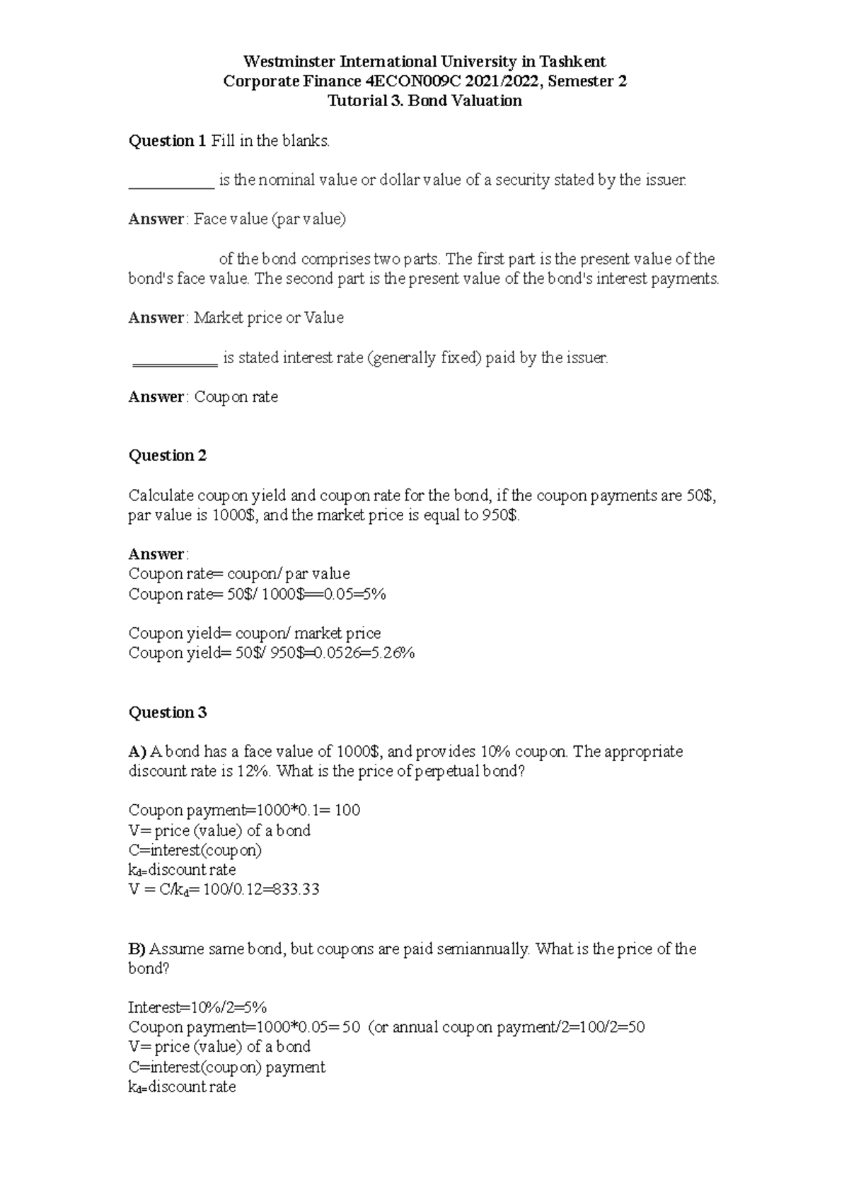 Tutorial 3 answers - Bond valuation - Westminster International ...