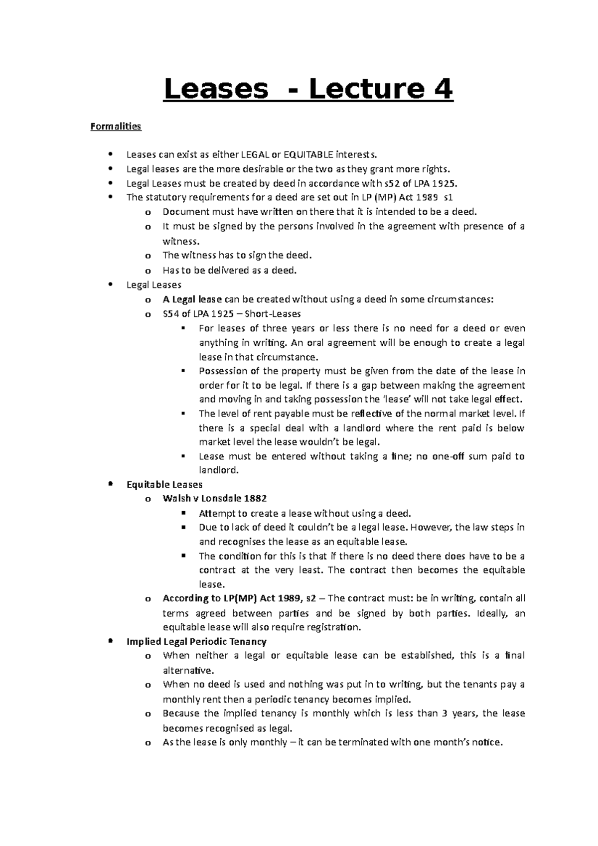 3 - leases lecture 4 notes - Leases - Lecture 4 Formalities Leases can ...