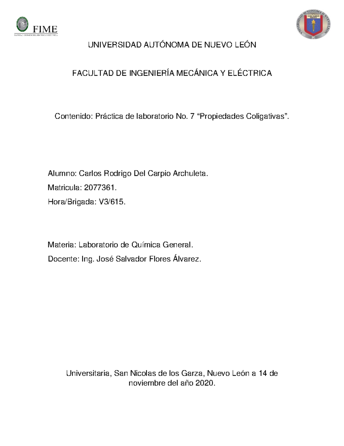 Práctica 7 Quimica 1 Universidad Autonoma De Nuevo León Fime