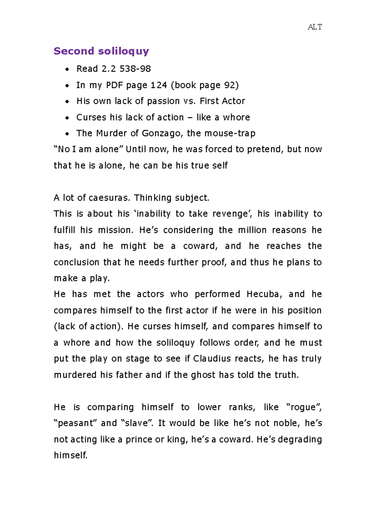 Some notes on Hamlet - Second soliloquy Read 2 538- 98 In my PDF page ...