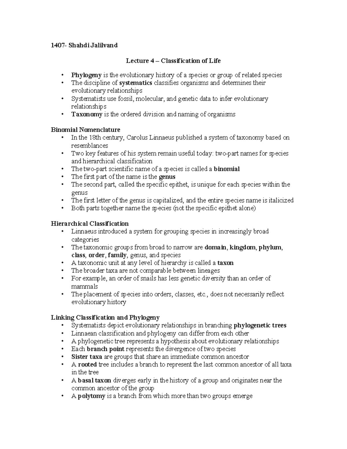 1407 lec 4 - Classification of Life - 1407- Shahdi Jalilvand Lecture 4 ...
