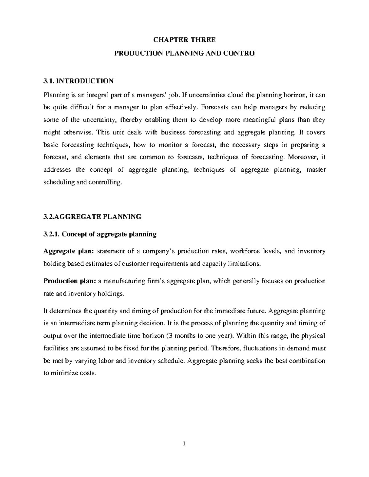Operations Management Chapter Three - CHAPTER THREE PRODUCTION PLANNING ...