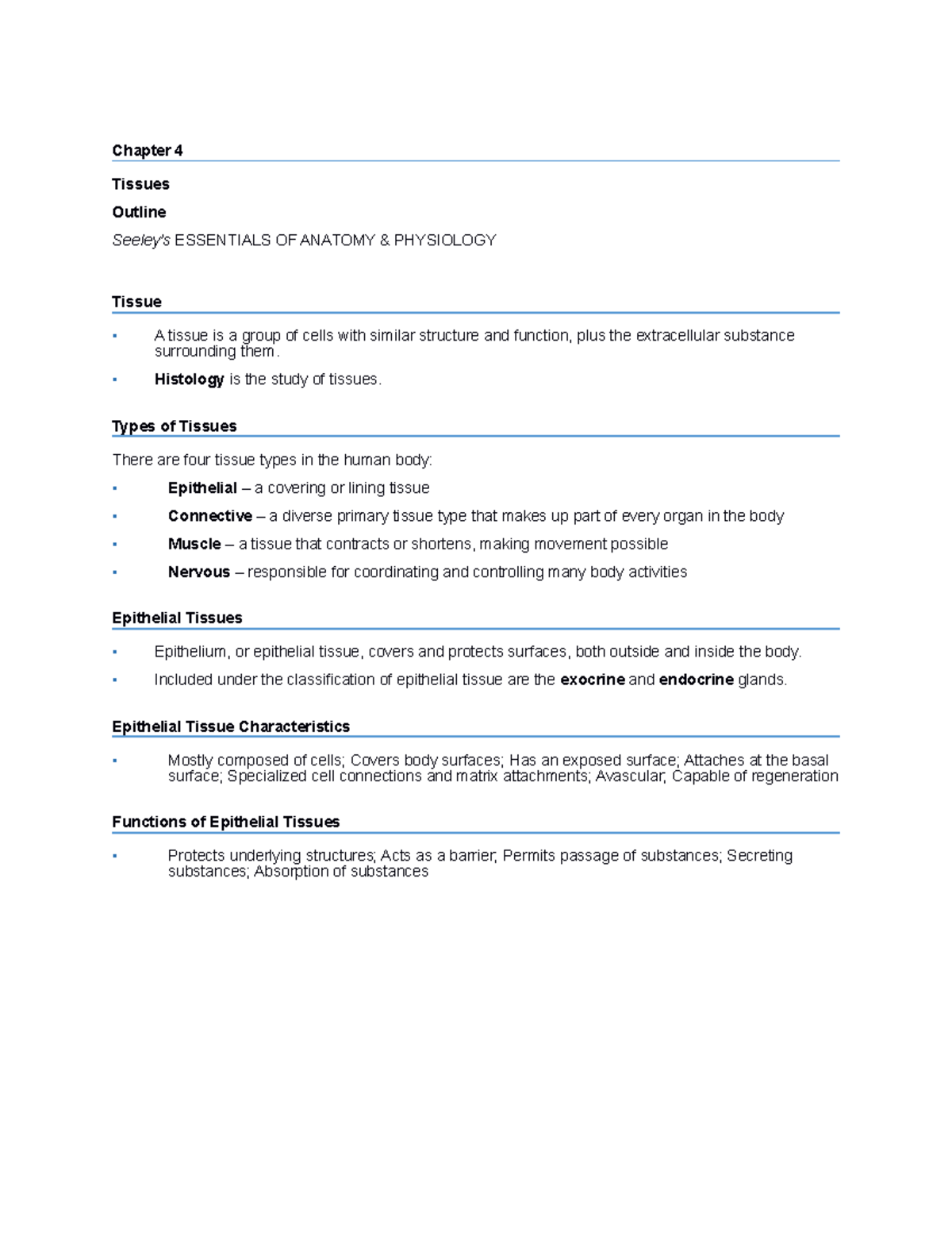 BIO163 Chapter 4 Outline-1 - Chapter 4 Tissues Outline Seeley’s ...
