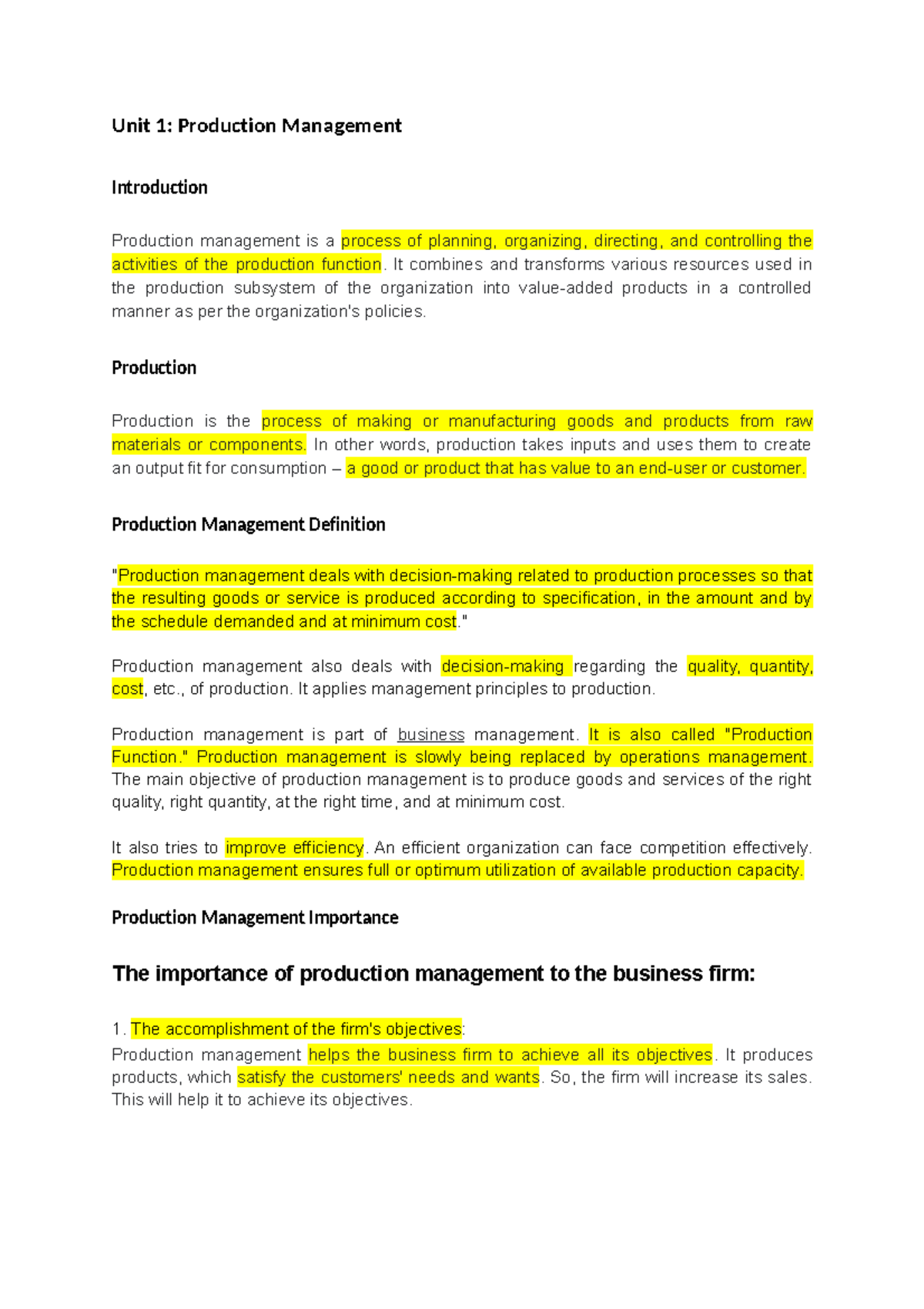 Unit-1 POM Study Material - Unit 1: Production Management Introduction ...