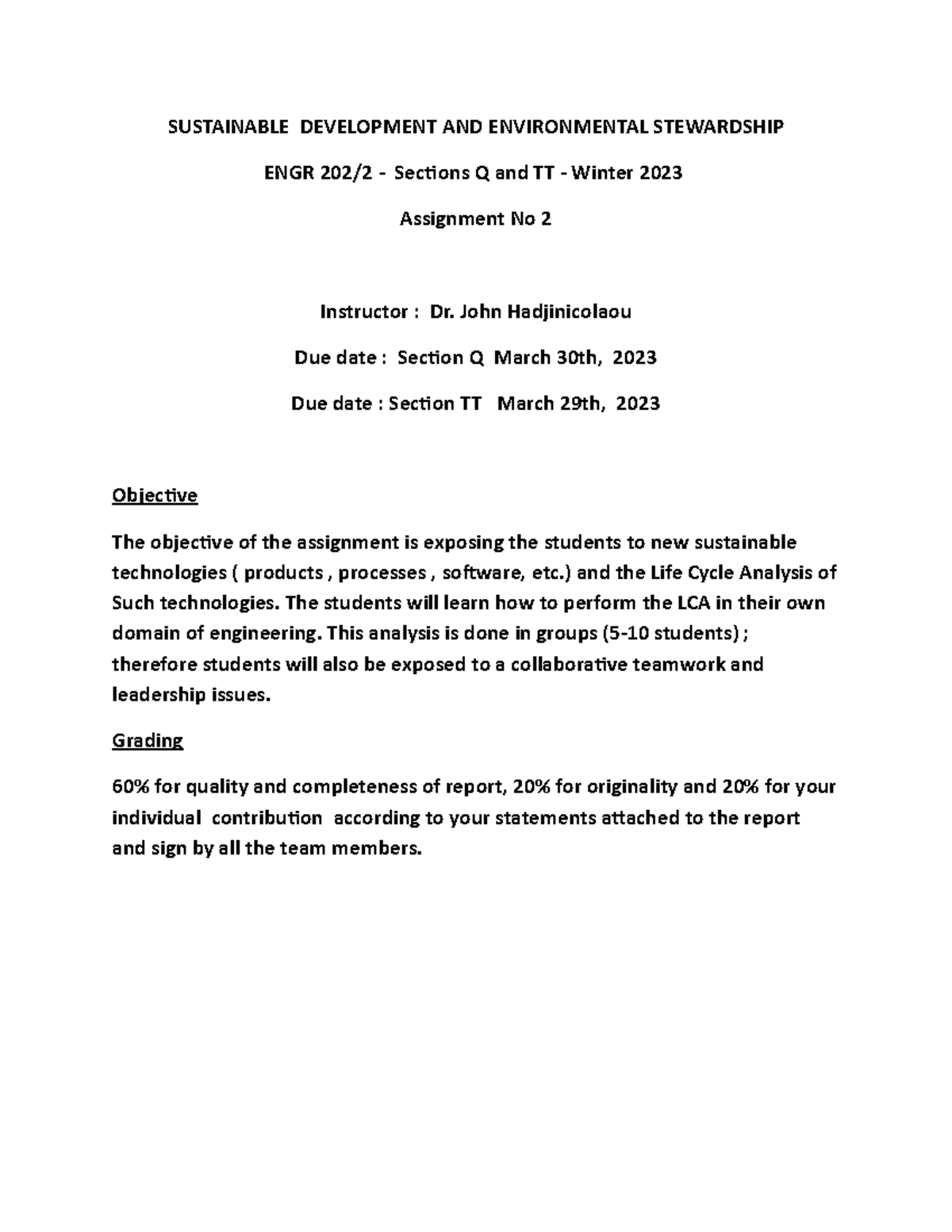 Assign No 2 - ENGR 202-Fall 2022.sections H and G - SUSTAINABLE DEVELOPMENT AND ENVIRONMENTAL ...