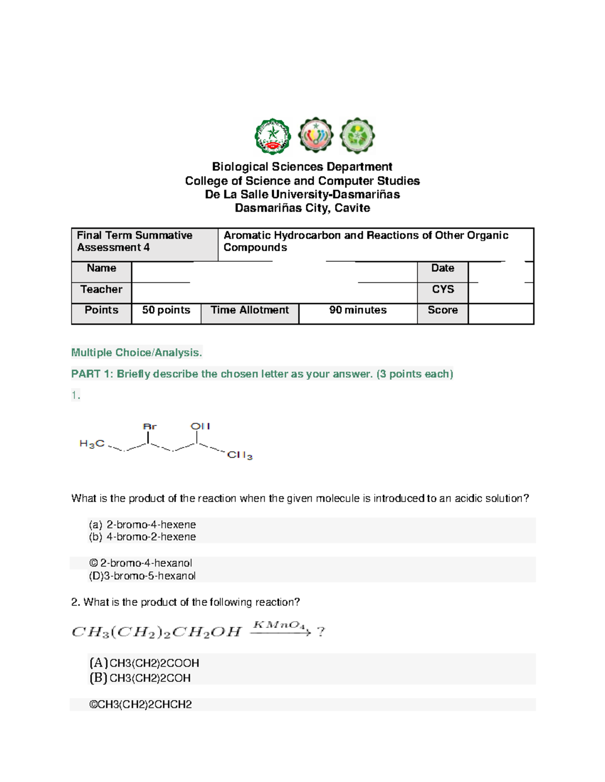 Chemistry- Summative Assessment 1st Semester - Biological Sciences ...