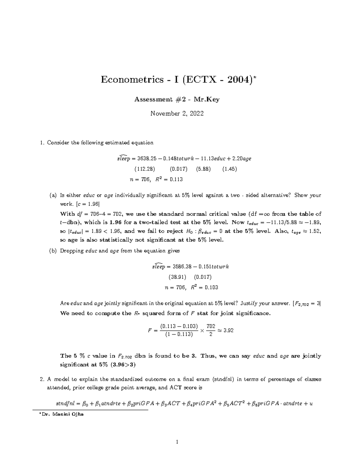 Test2 Soln ECTX2004 Fall2022 - Econometrics - I (ECTX - 2004)∗ ...