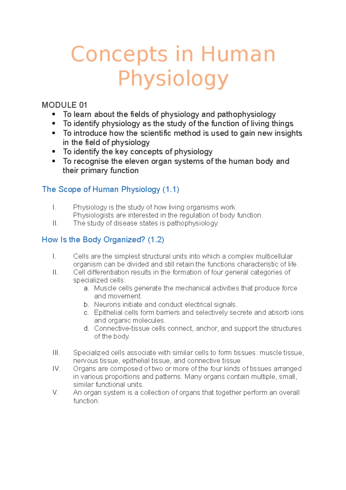 Concepts in Human Physiology Summary TB - Concepts in Human Physiology ...