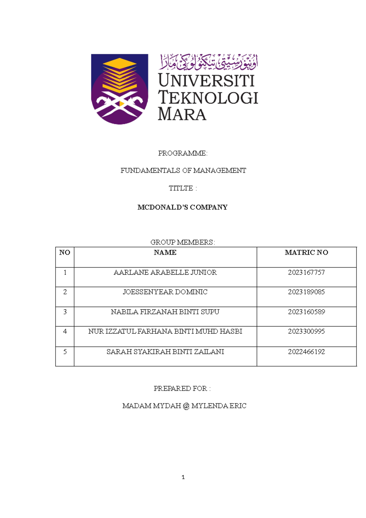 MGT Group Assignment - PROGRAMME: FUNDAMENTALS OF MANAGEMENT TITLTE : MCDONALD’S COMPANY GROUP ...
