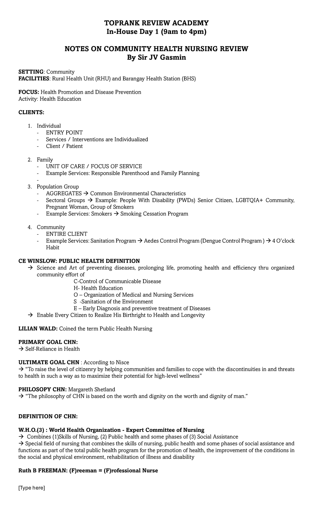 CHN Notes In-House Day 1 - TOPRANK REVIEW ACADEMY In-House Day 1 (9am ...