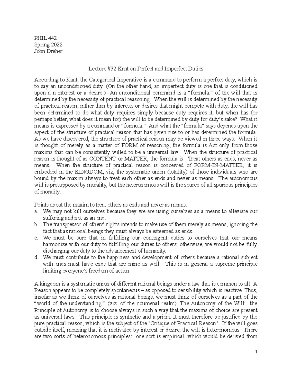 PHIL 442 S 22 Lecture #32 Kant on Perfect and Imperfect Duties - PHIL ...