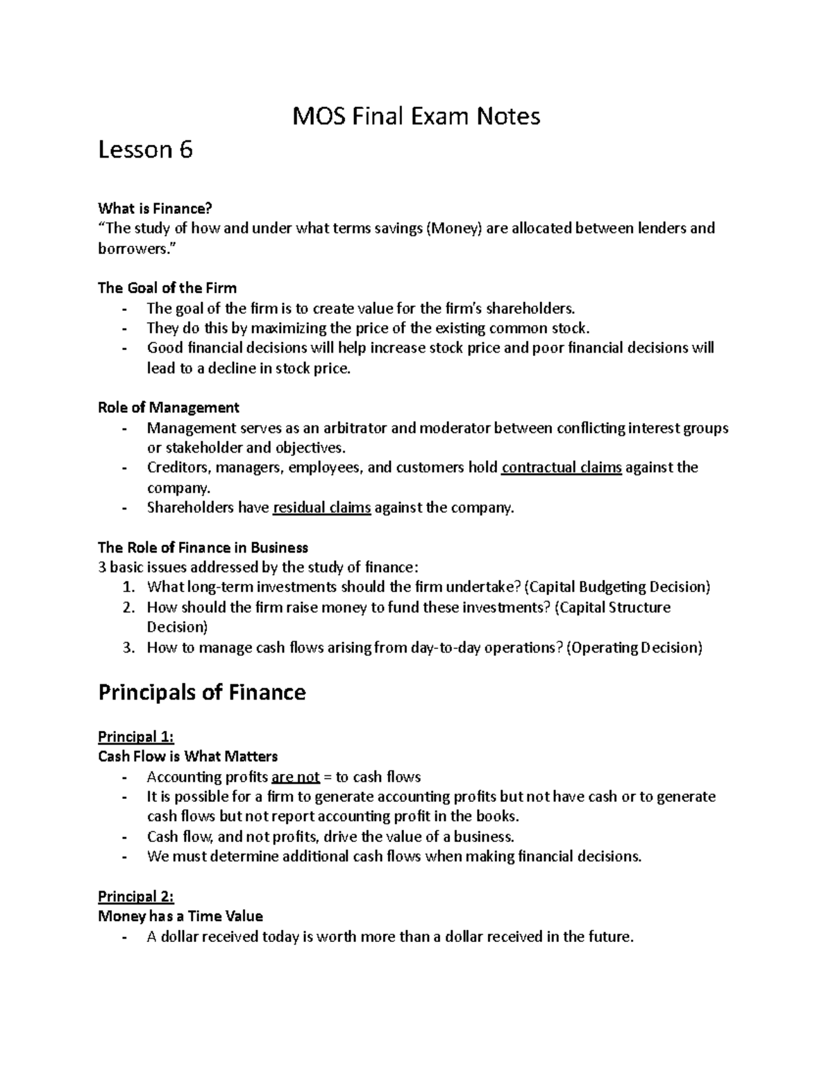 MOS Final Exam Notes - MOS Final Exam Notes Lesson 6 What is Finance ...