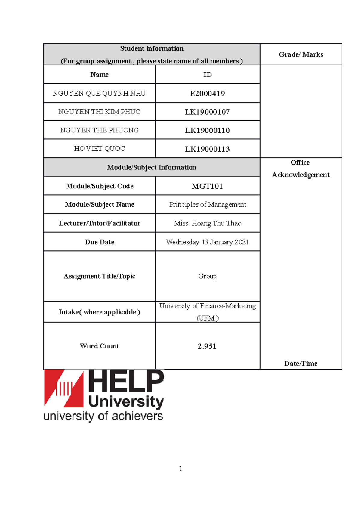 Group Assignment MGT101 Final - Student information (For group ...