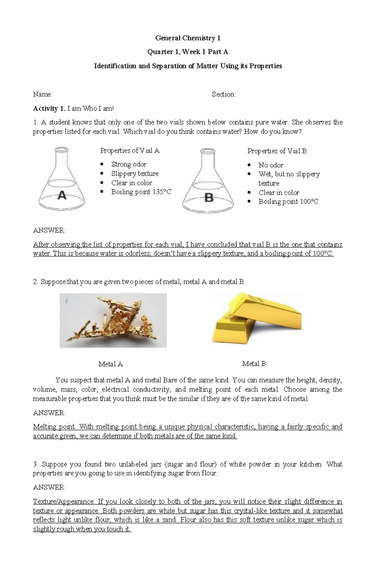 Chem - chem assignment - General Chemistry 1 Quarter 1, Week 1 Part A ...