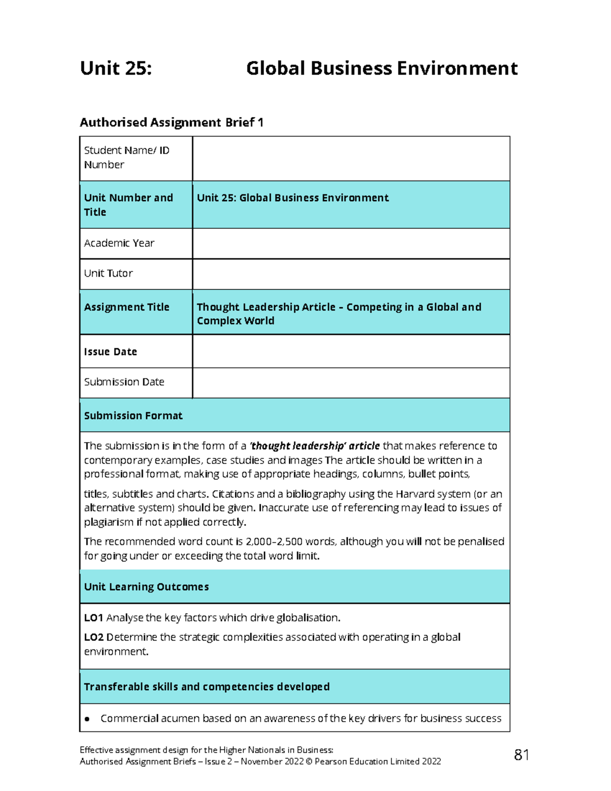 Unit 25 Global Business Environment - Effective assignment design for the Higher Nationals in ...