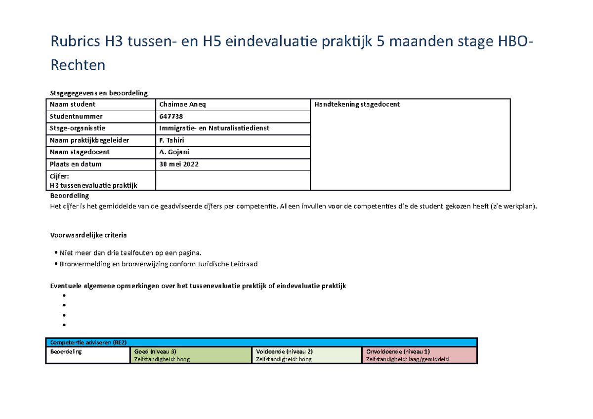 Rubrics H3-H5 tussen- en eindevaluatie praktijk 5 maanden stage - Rubrics H3 tussen- en H5 ...