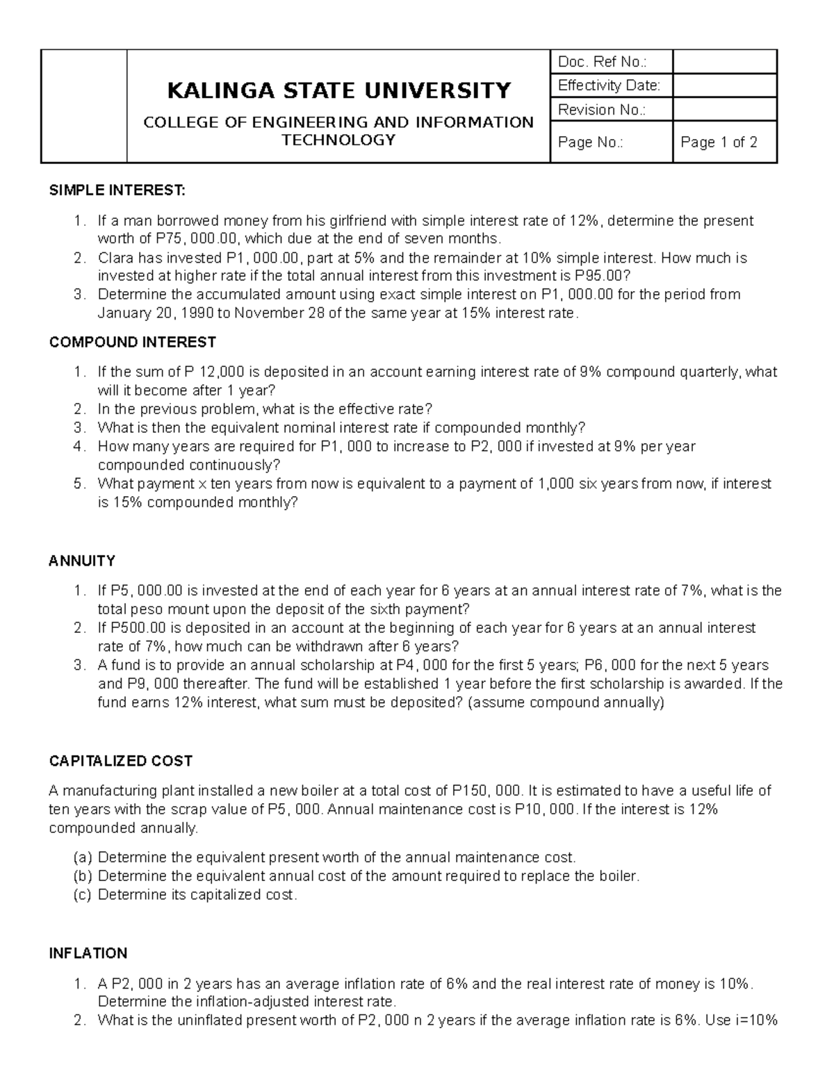 Engineering Economy Problem Set - KALINGA STATE UNIVERSITY COLLEGE OF ...