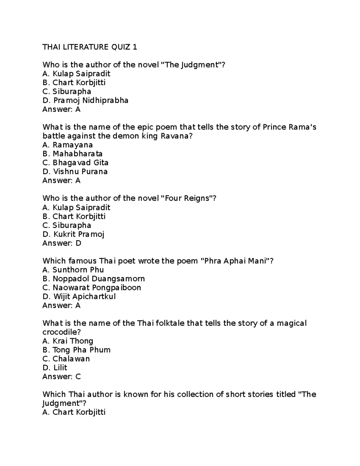 THAI Literature QUIZ 1 - QUIZ - THAI LITERATURE QUIZ 1 Who is the ...