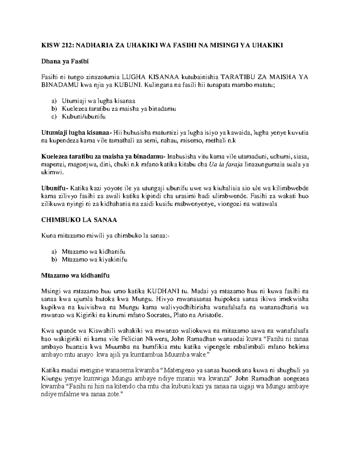 KISW 212 Nadharia NA Fasihi YA Uhakiki - KISW 212: NADHARIA ZA UHAKIKI WA FASIHI NA MISINGI YA ...