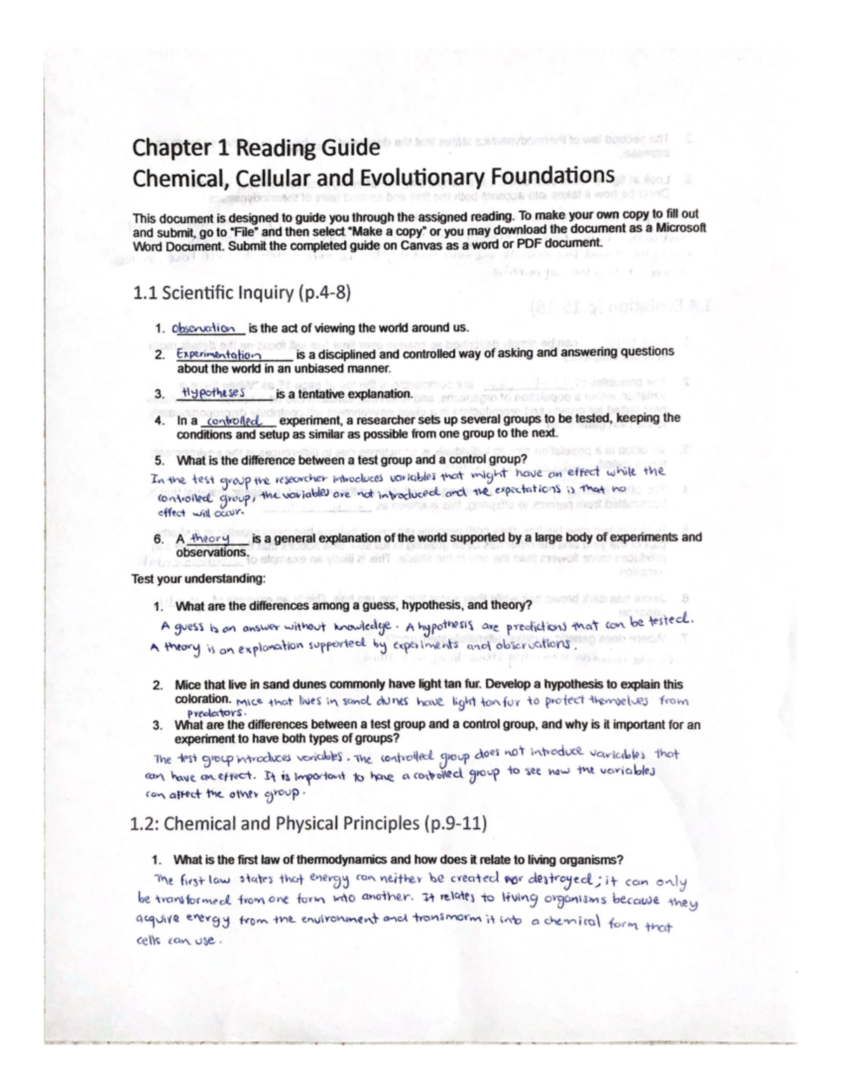 CH-1 Reading Guide - Chemical, Cellular, and Evolutionary Foundations ...