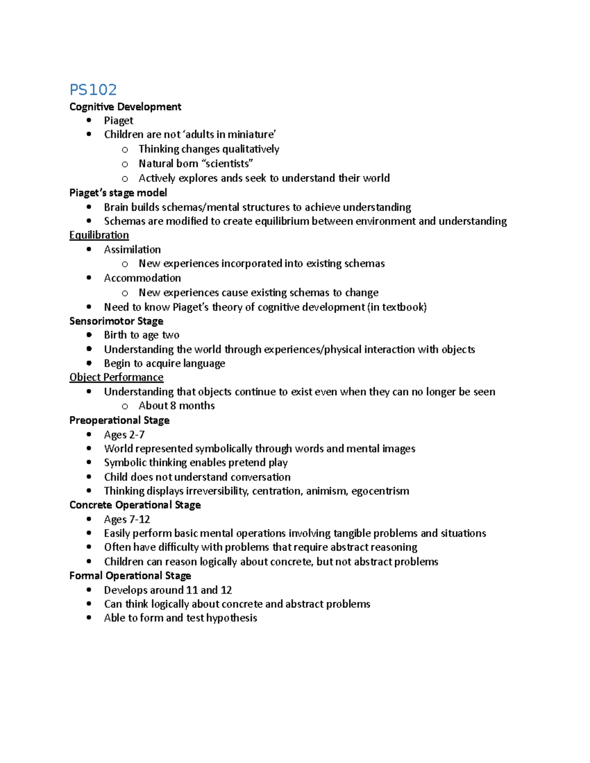 PS102 – Lecture 3 - chapter notes - PS102 Cognitive Development Piaget ...
