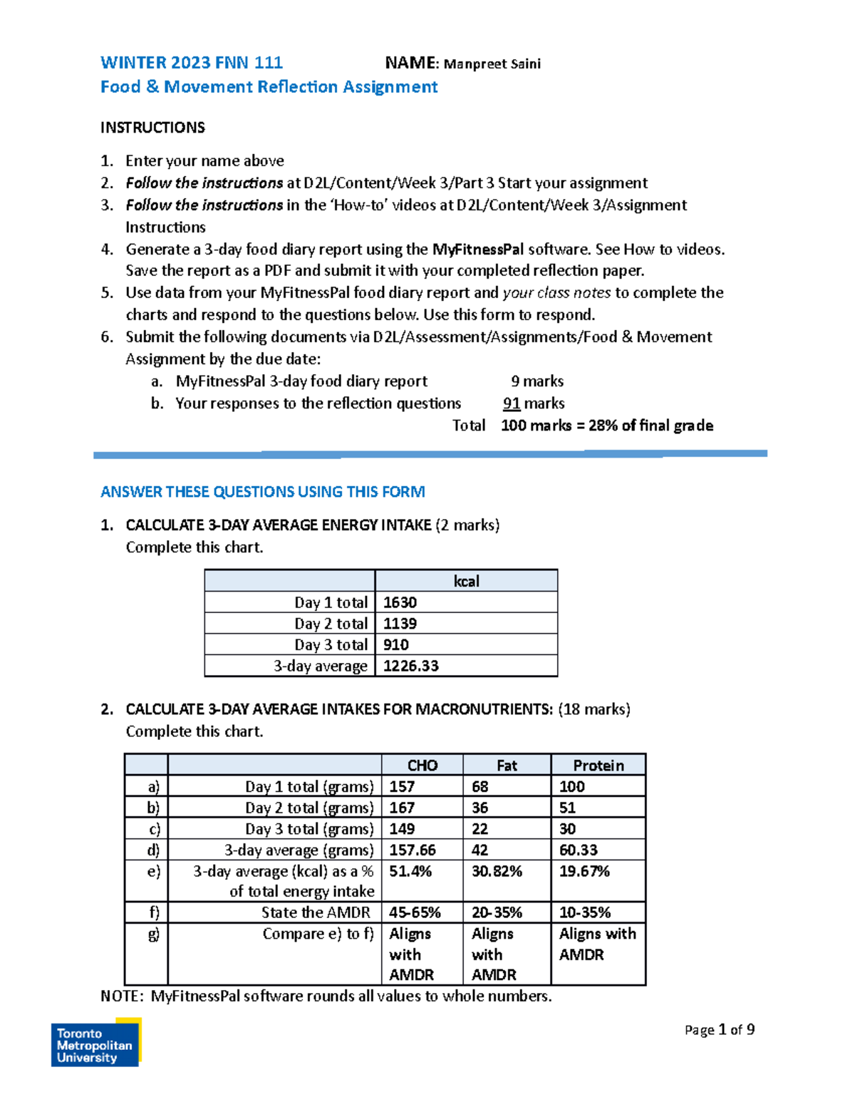 Food and Movement Reflection Assignment updated - Food & Movement ...