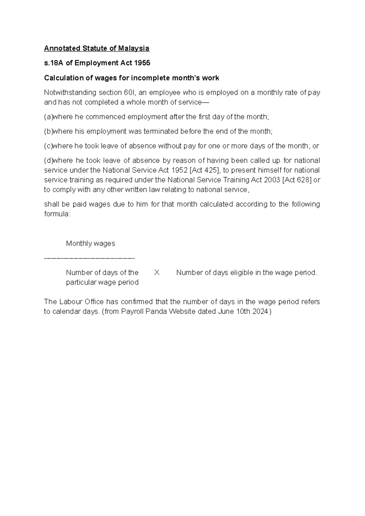 Calculation of wages for incomplete month’s work - Annotated Statute of ...