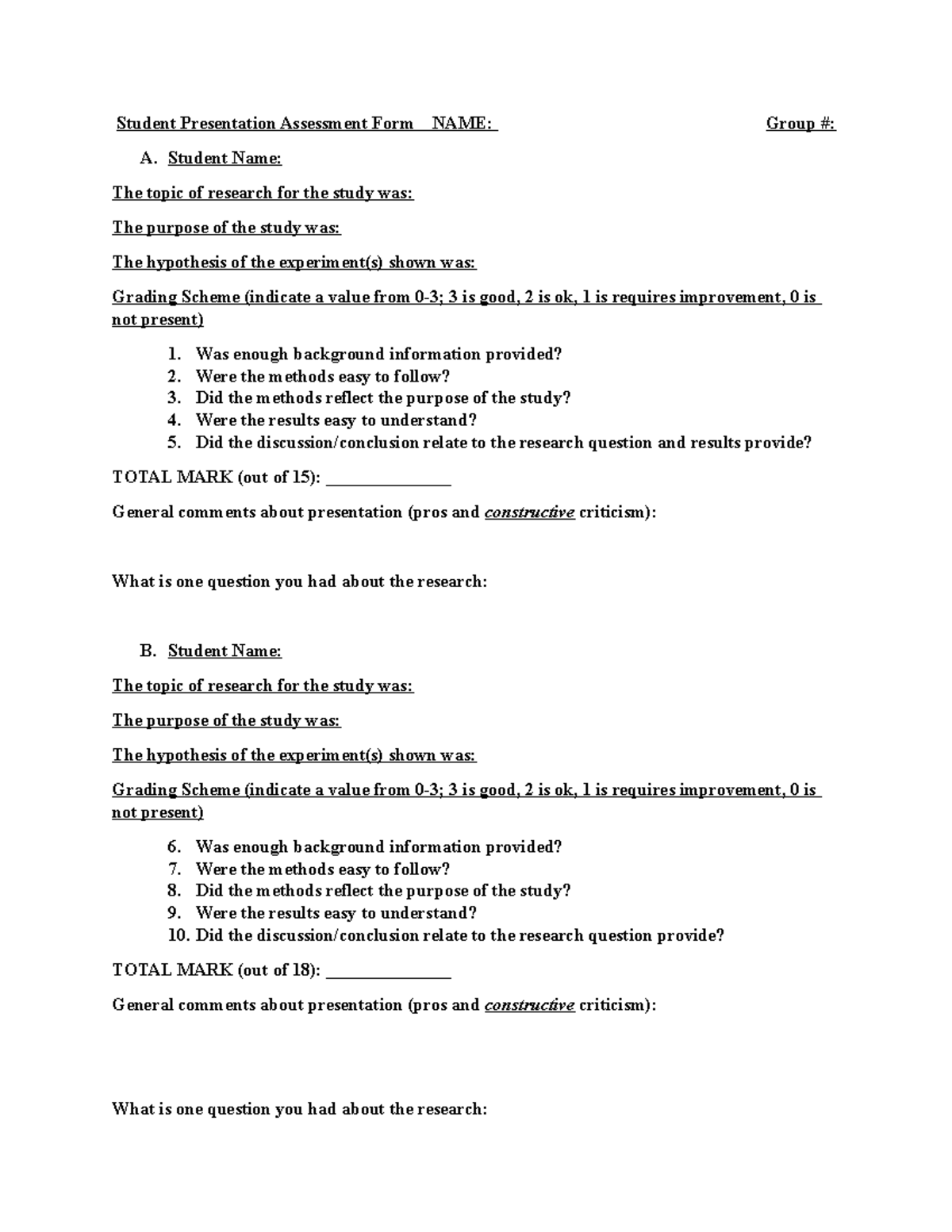 Student Presentation Assessment Form Final - Student Presentation ...