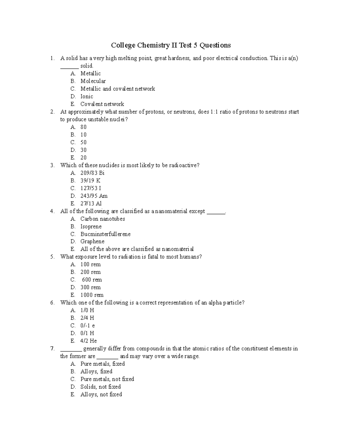 College Chem 2 Test 5 Questions - CHEM 122 - Studocu
