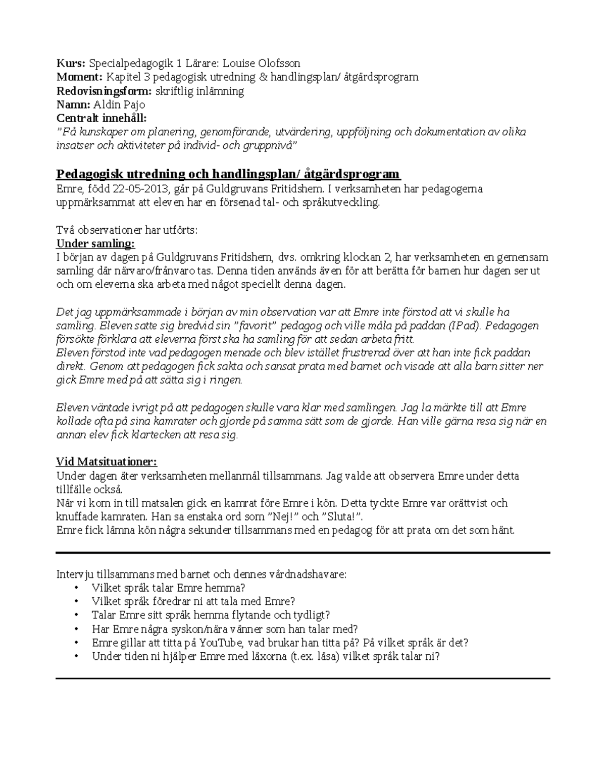 Dokumentation av Pedagogisk utredning & handlingsplan åtgärdsprogram ...