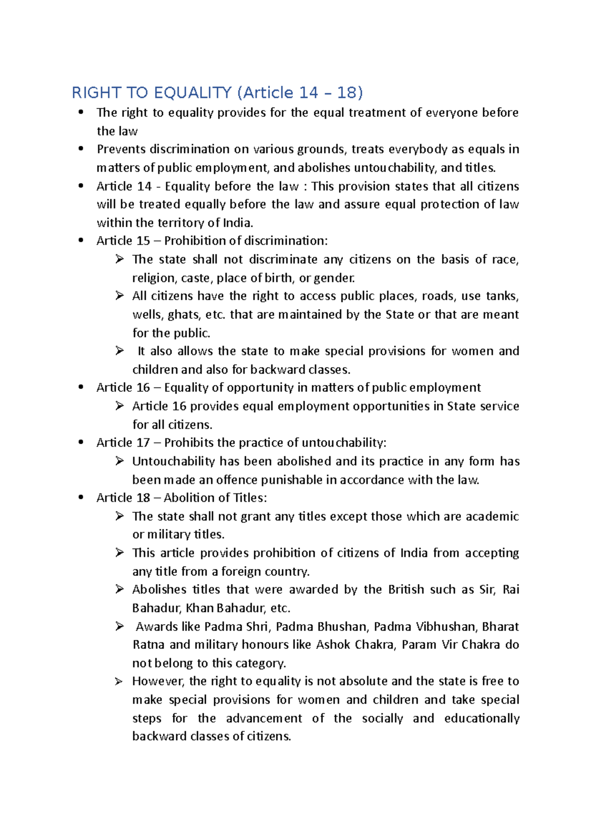 Right TO Equality - Theory notes - RIGHT TO EQUALITY (Article 14 – 18 ...