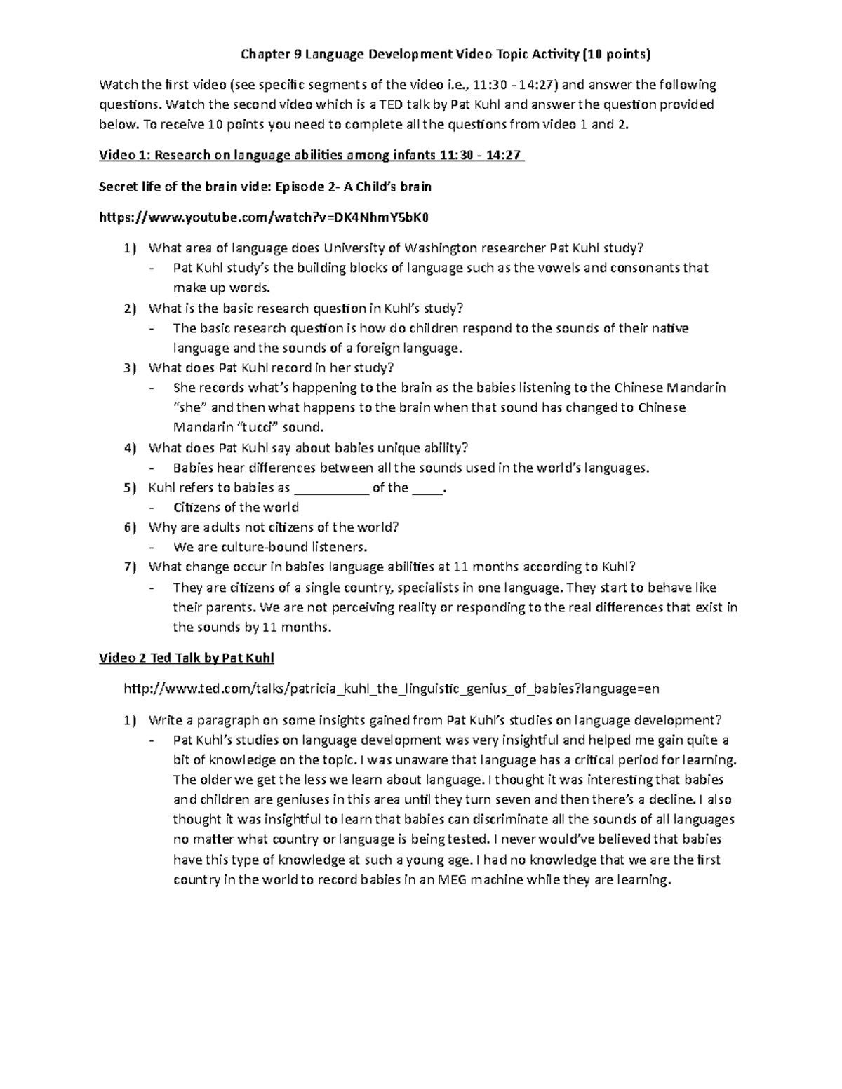 Chp 9 Language video Topic activity - Chapter 9 Language Development Video Topic Activity (10 ...