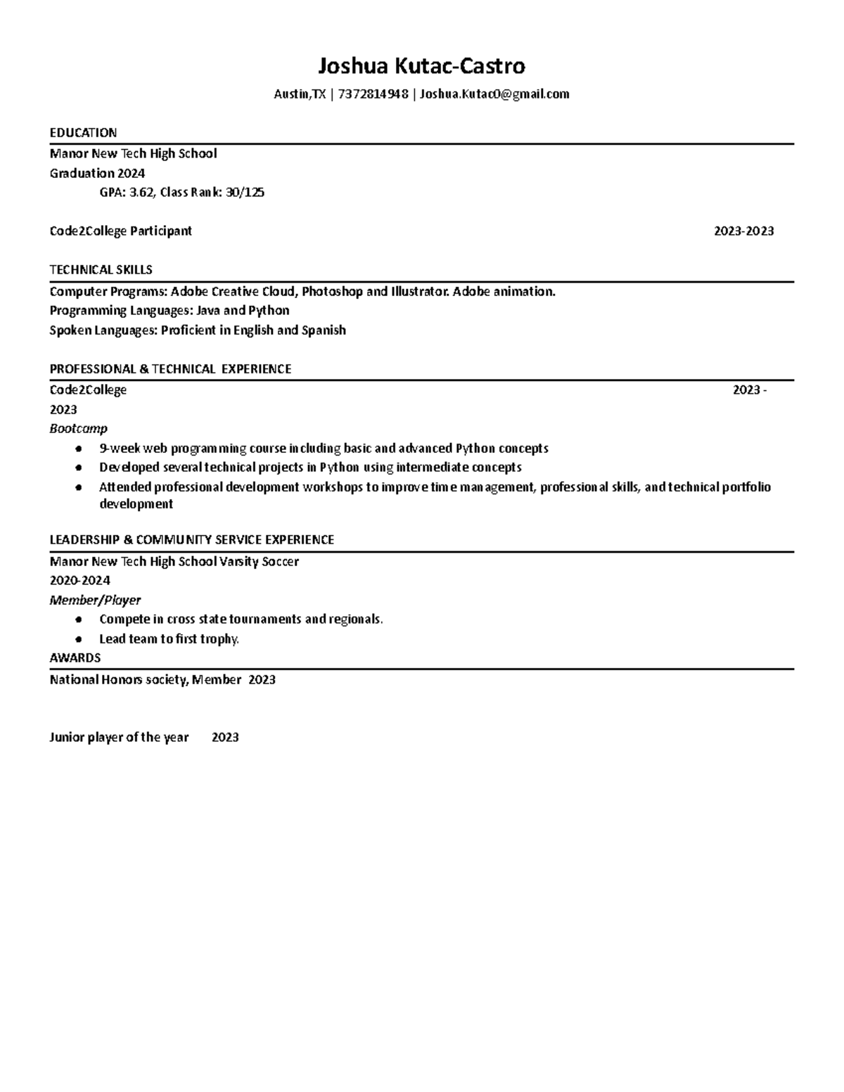 Joshua Kutac Code2College HS Resume - Joshua Kutac-Castro Austin,TX ...
