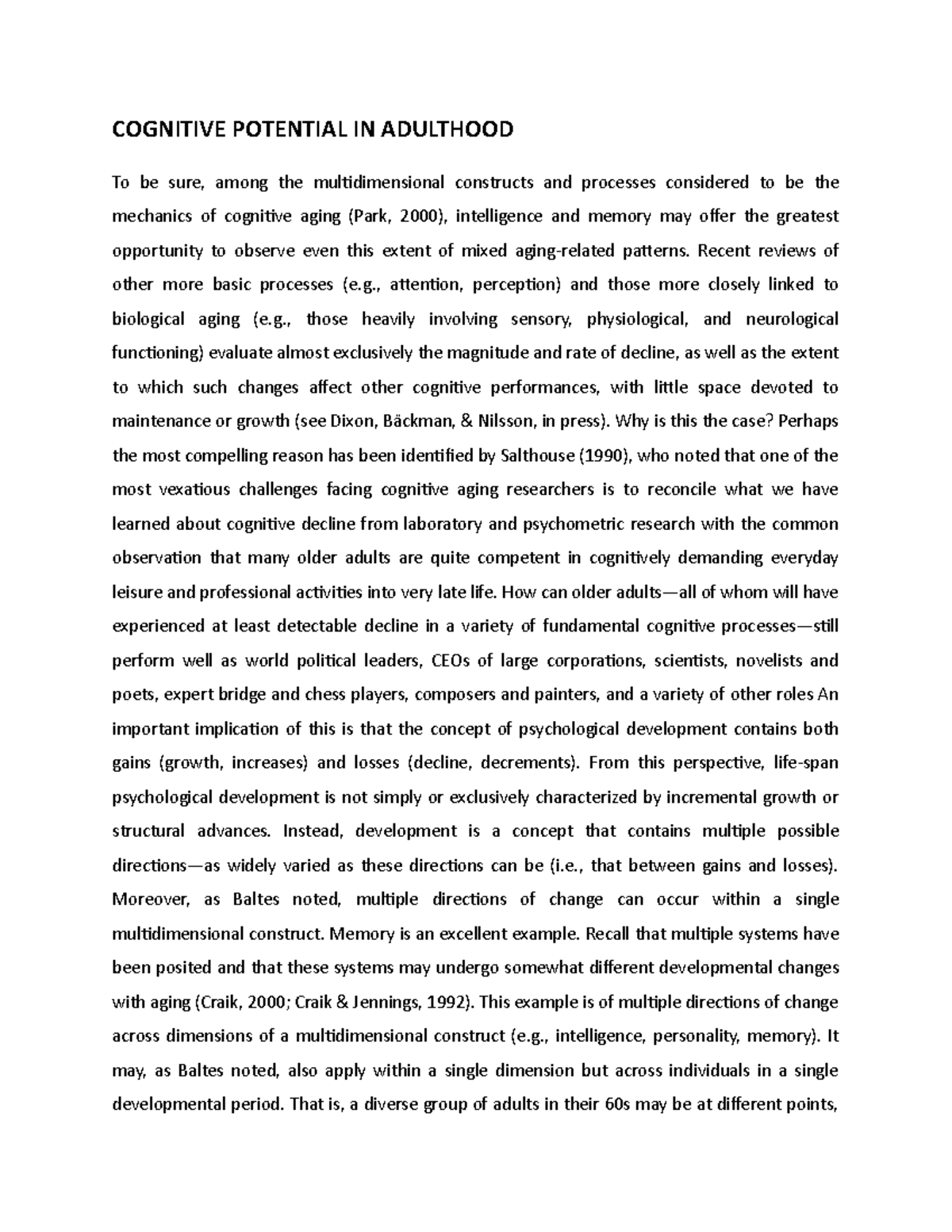 Cognitive Potential IN Adulthood - COGNITIVE POTENTIAL IN ADULTHOOD To ...