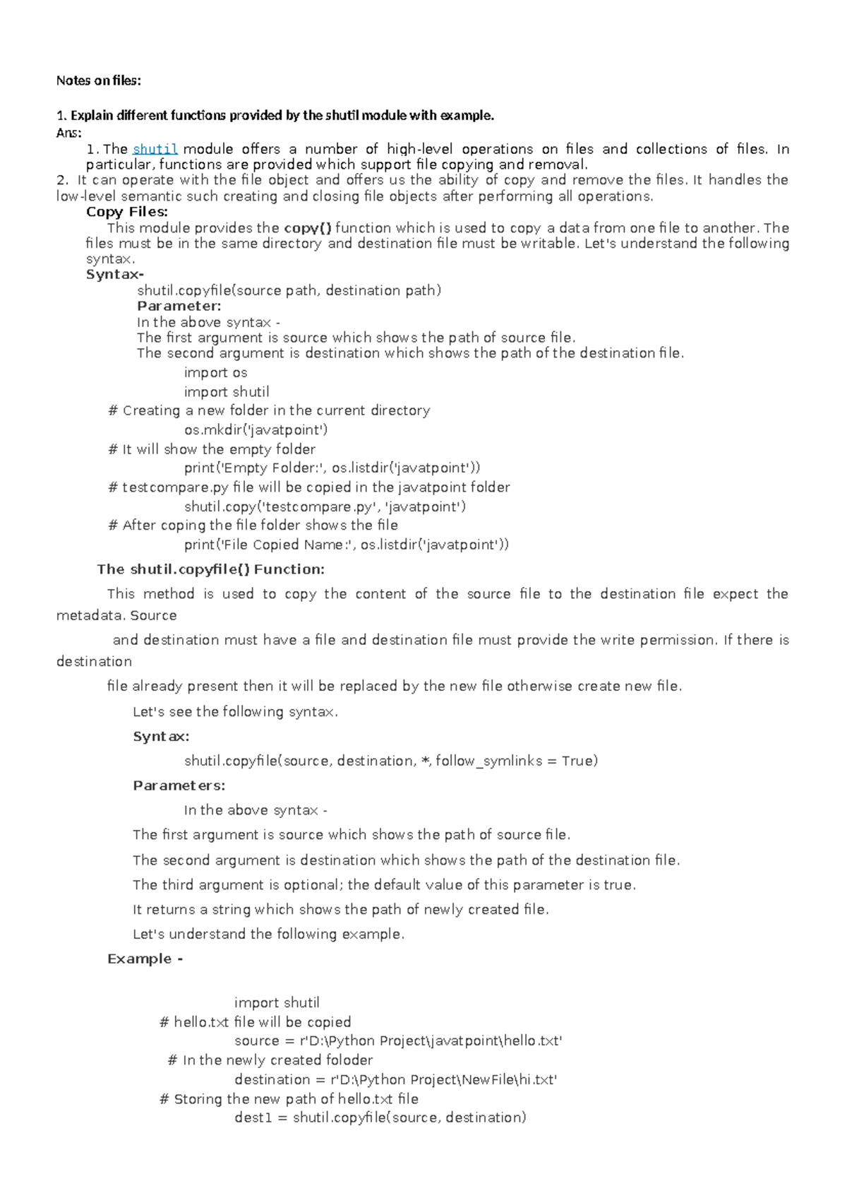Notes on files - Explain different functions provided by the shutil ...
