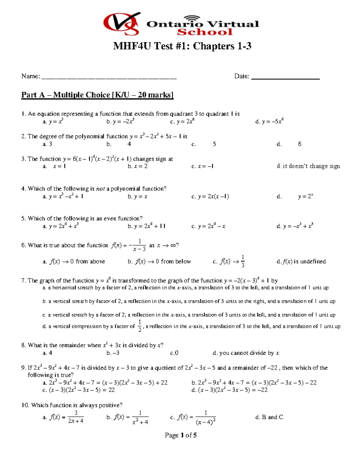 Unit 1 OVS - lol - MHF4U Test #1: Chapters 1- Name