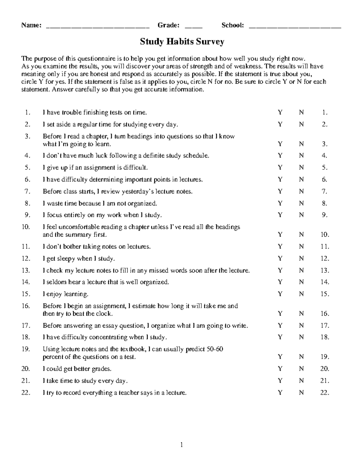 Student Study Habits Survey - 1 Name ...
