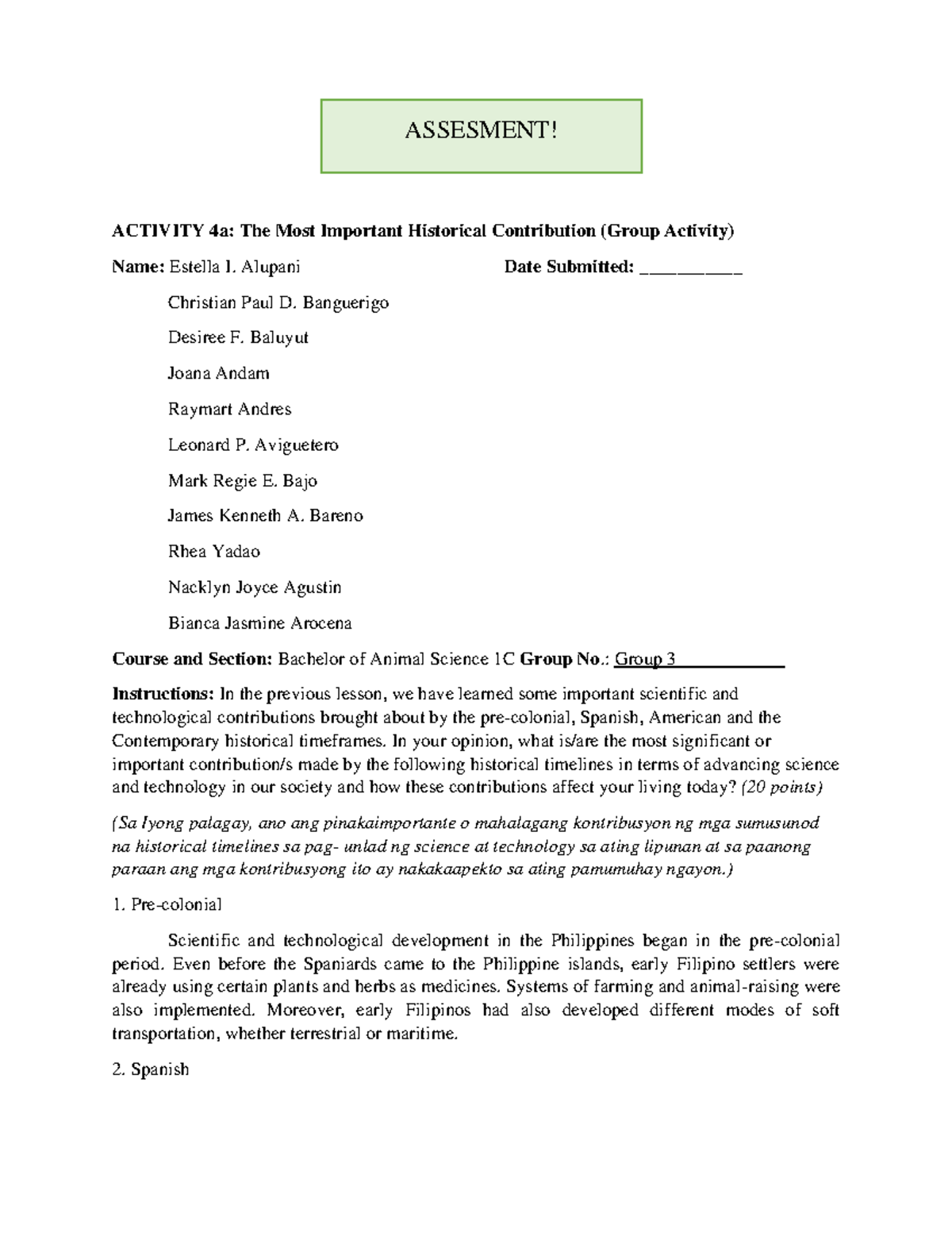 STS- Group- Activity - STS - ACTIVITY 4a: The Most Important Historical Contribution (Group ...